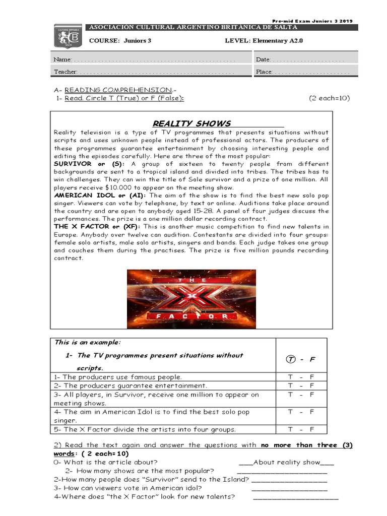 Elementary Level Pre-Midterm Exam for Juniors 3 Students Focusing on ...