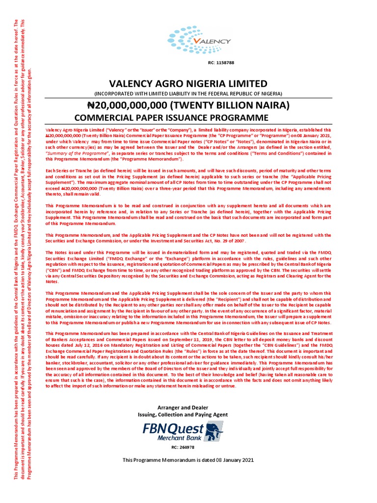 Valency Agro Nigeria Limited - Programme Memorandum - Executed - 080121 ...