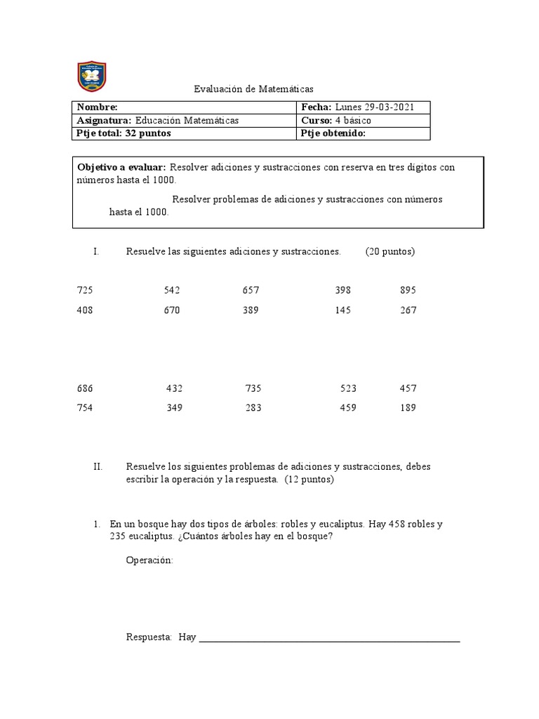 Prueba de Sumas y Restas | PDF