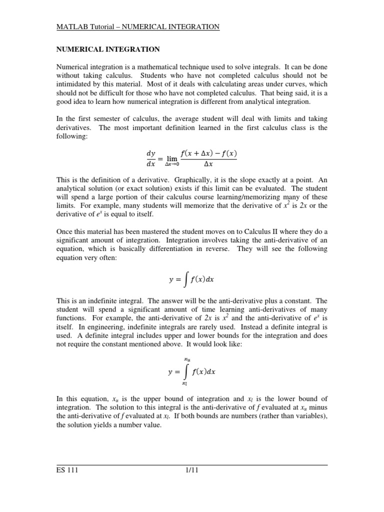 MATLAB Tutorial 5 - Numerical Integration | PDF | Integral | Numerical ...