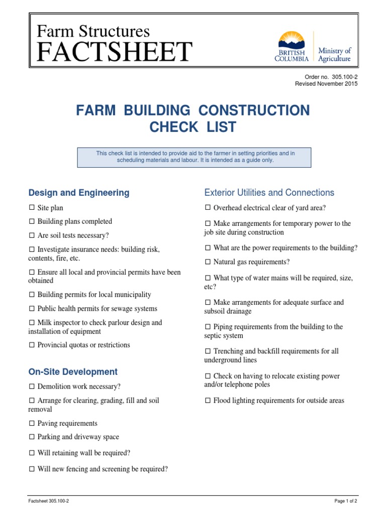 Farm Structures: Farm Building Construction Check List | PDF ...