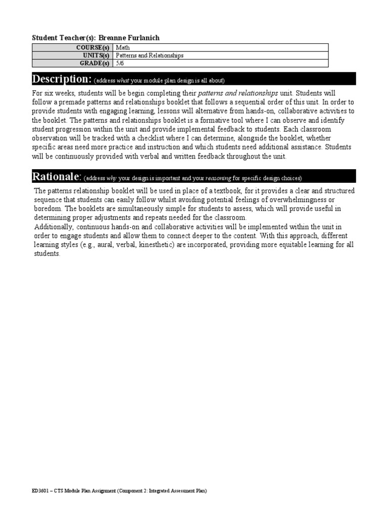 Patterns and Relationships Unit Plan | PDF | Educational Assessment ...