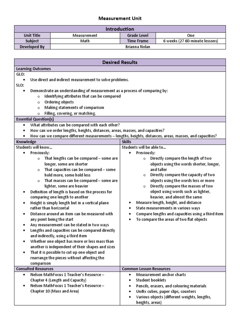 Measurement Unit Plan for Grade One | PDF | Educational Assessment ...