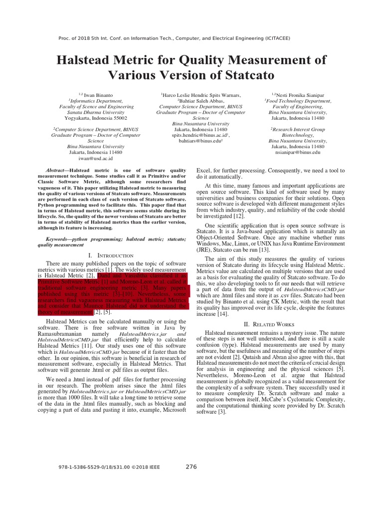 Halstead Metric For Quality Measurement of Various Version of Statcato | Download Free PDF ...
