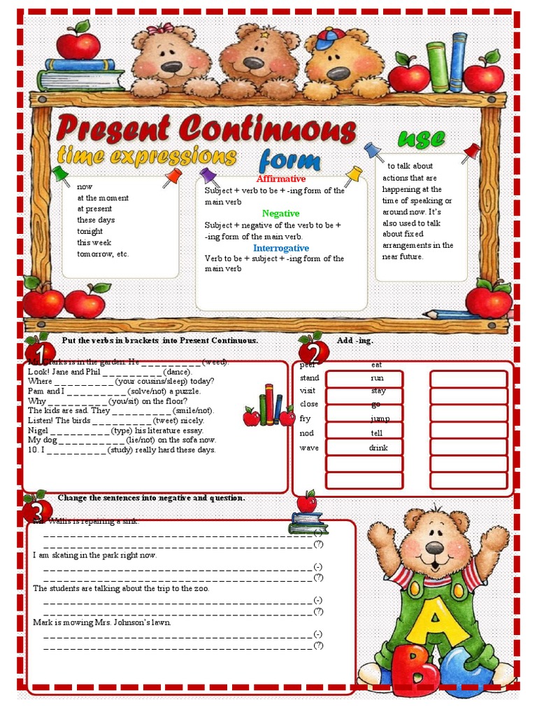 Present Continuous Tense Fun Activities Games Grammar Drills Grammar ...