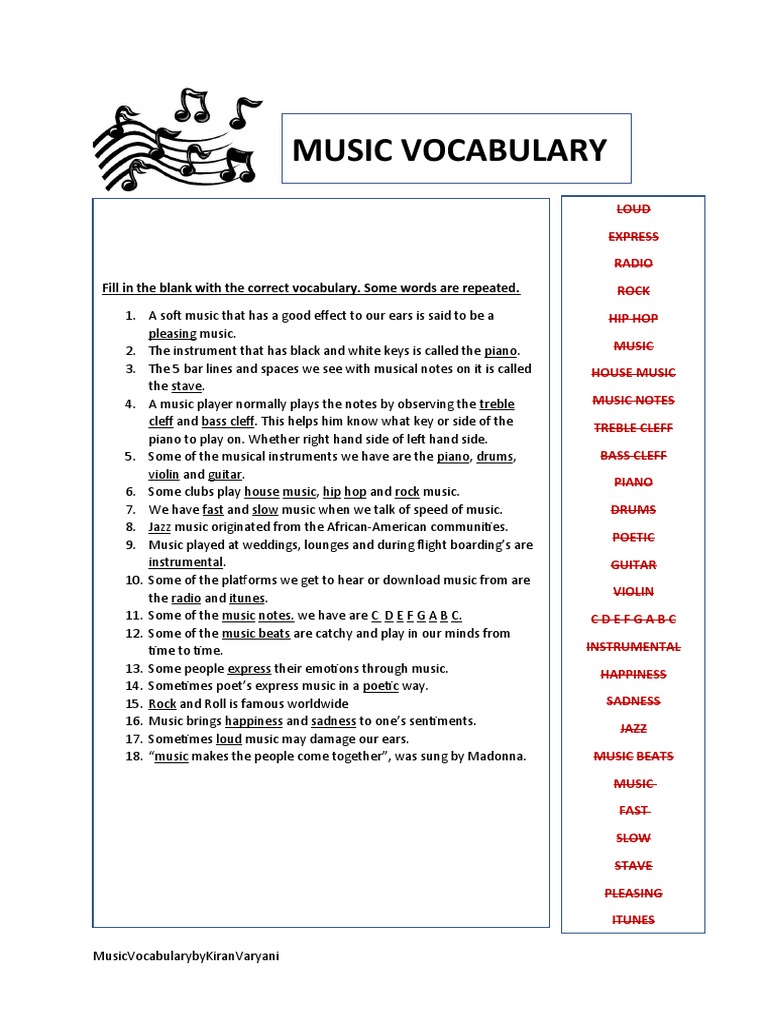 Music Vocabulary: Fill in The Blank With The Correct Vocabulary. Some ...