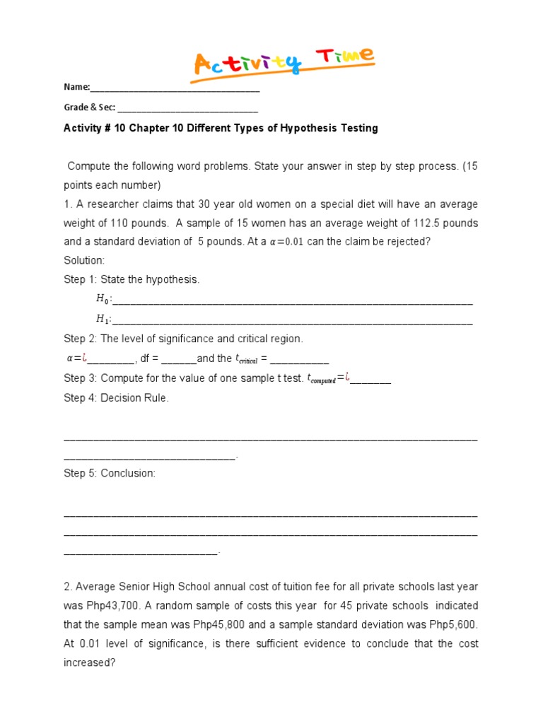 Activity #10 - DIFFERENT TYPES OF HYPOTHESIS TESTING | PDF | Student's ...