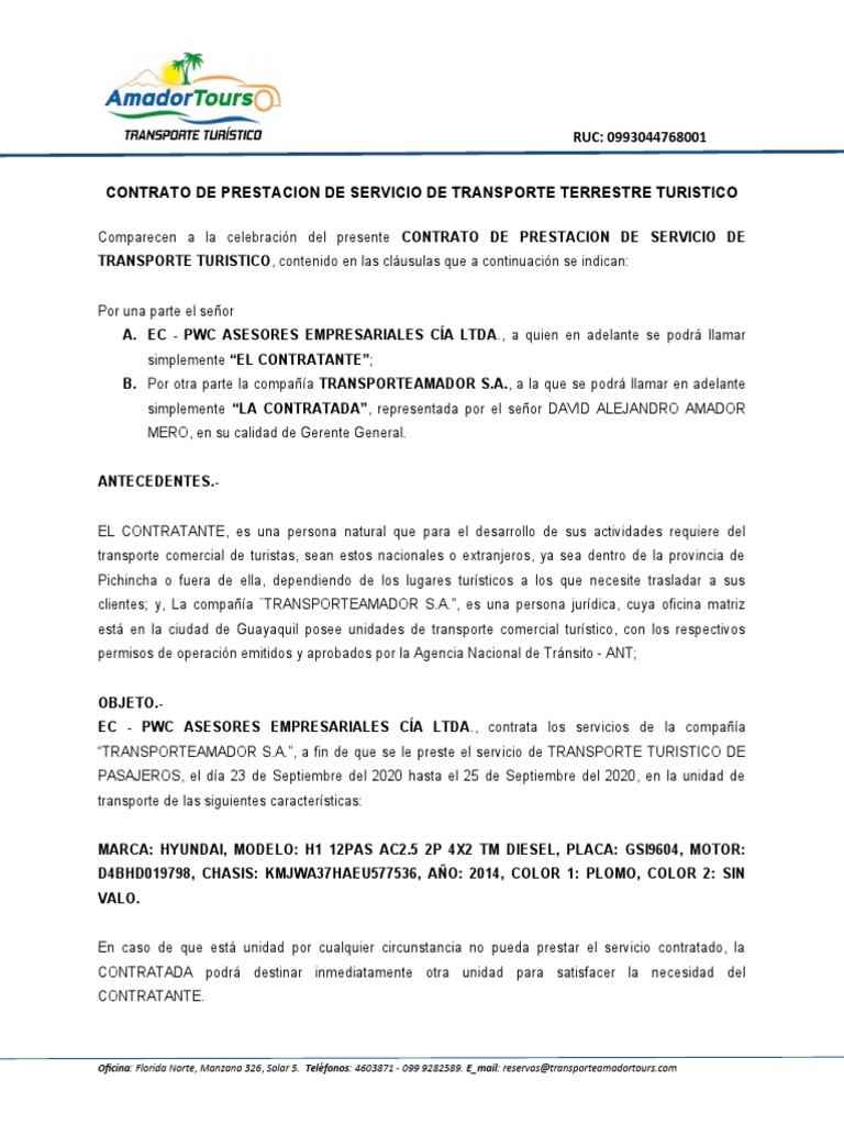 Contrato de Prestacion de Servicio de Transporte Terrestre Turistico ...