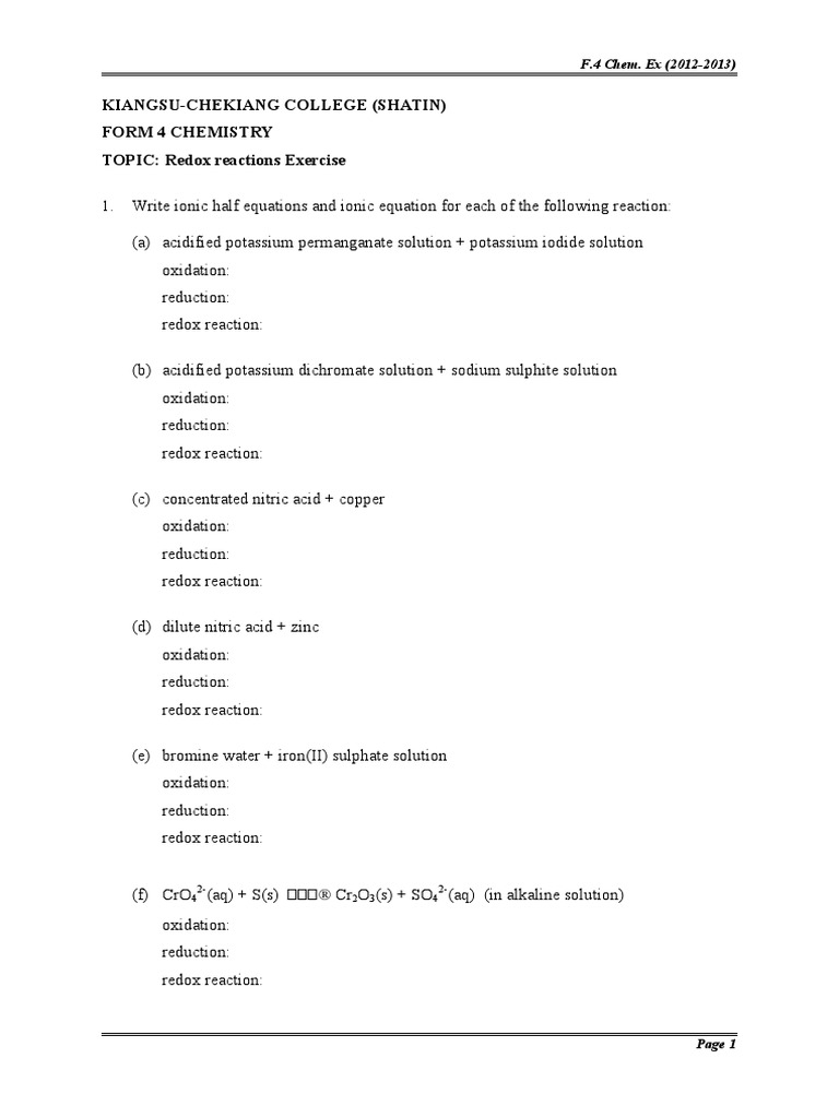 Kiangsu-Chekiang College (Shatin) Form 4 Chemistry TOPIC: Redox Reactions Exercise | PDF ...