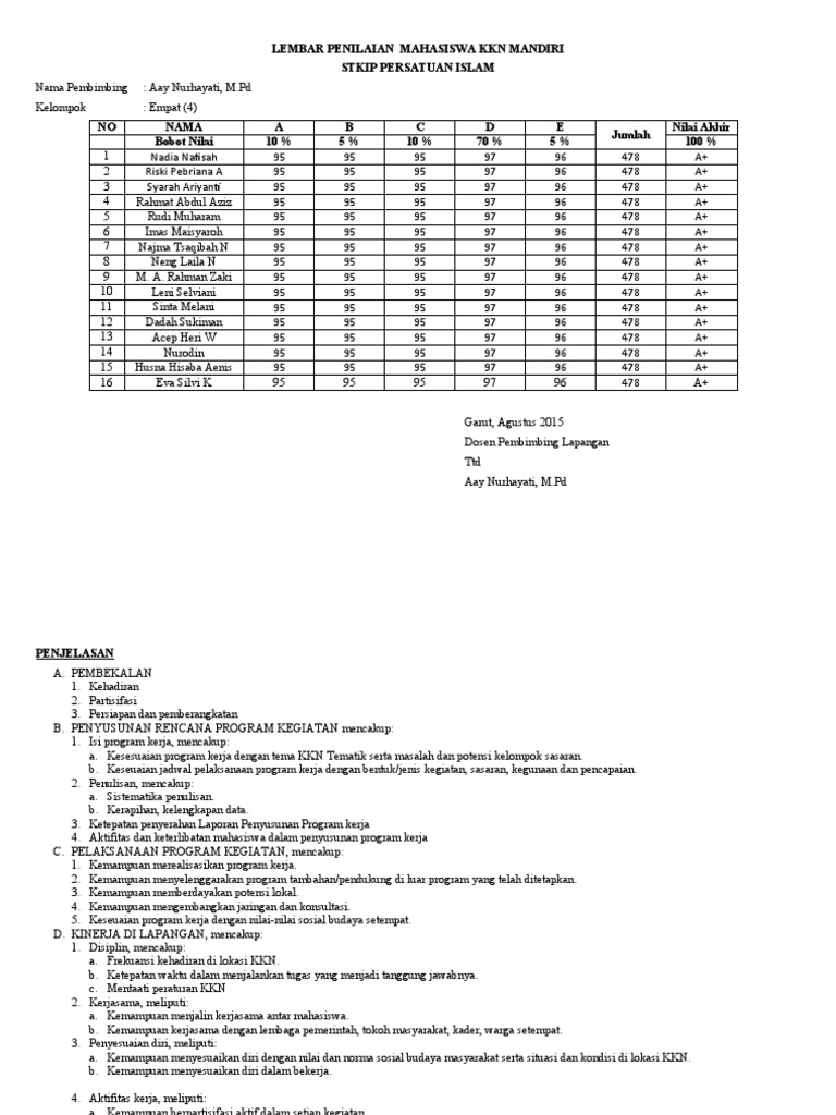 LEMBAR PENILAIAN MAHASISWA KKN MANDIRI Kel. 4 | PDF