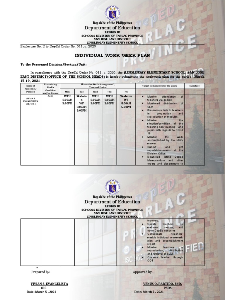 Department of Education: Individual Work Week Plan | PDF | Policy ...