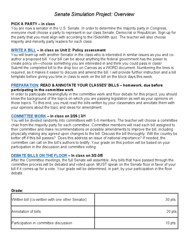 Senate Simulation Project | PDF | Bill (Law) | United States Senate