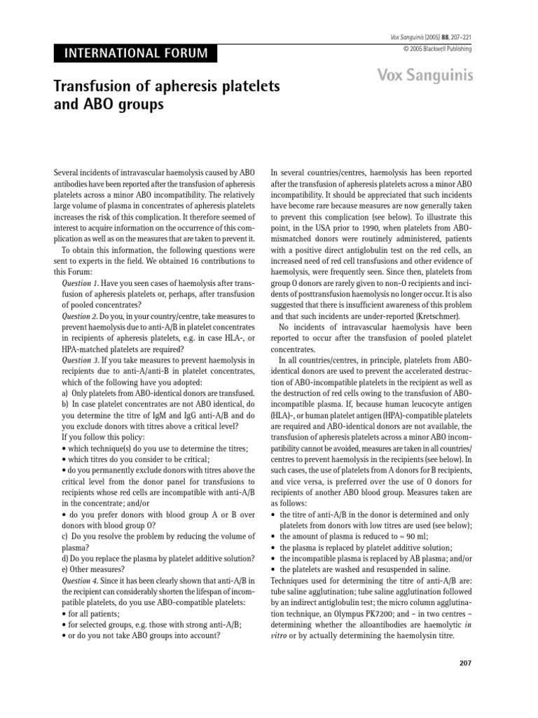 Transfusion of Apheresis Platelets and Abo Groups 2005 | PDF | Blood ...