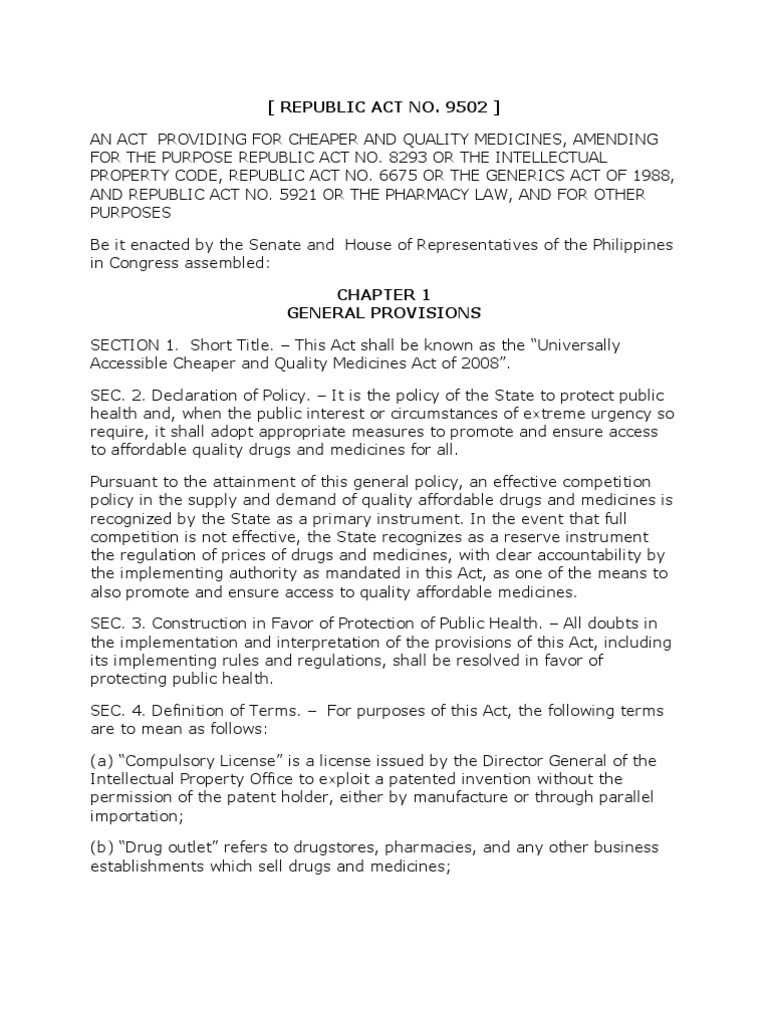 REPUBLIC ACT NO 9502 Cheaper Medicine Act | PDF | U.S. State | Generic Drug
