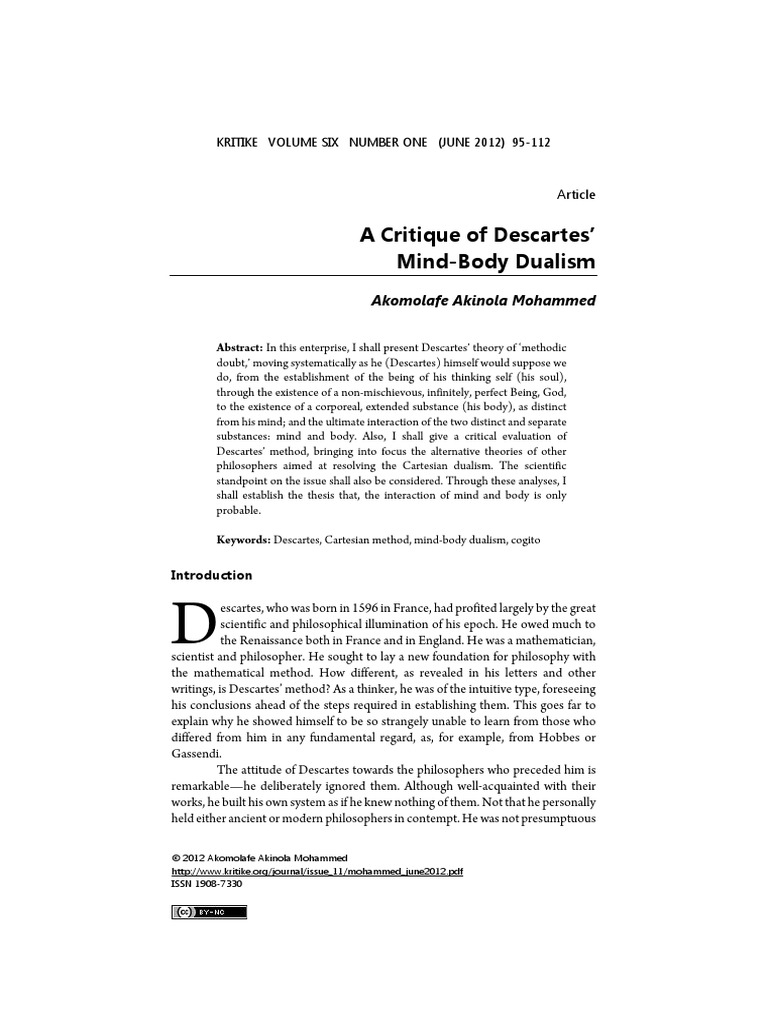 A Critique of Descartes' Mind-Body Dualism | Download Free PDF | René ...