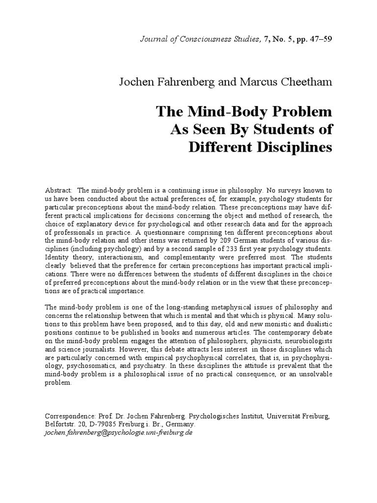 The Mind-Body Problem As Seen by Students of Different Disciplines ...