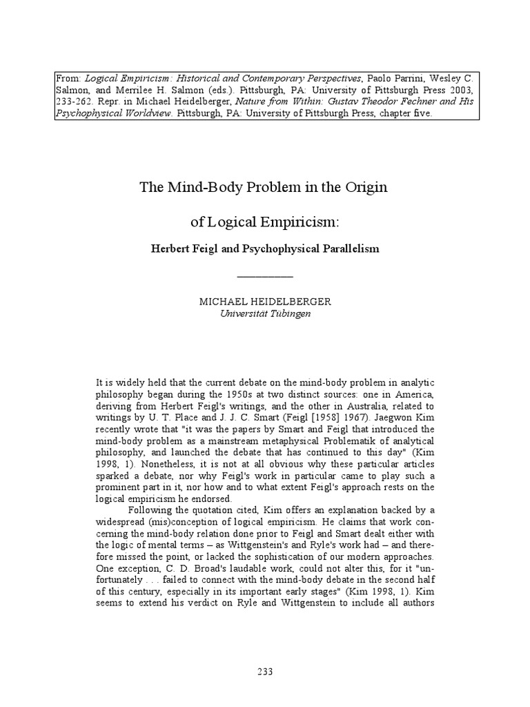 The Mind-Body Problem in The Origin of Logical Empiricism | PDF ...
