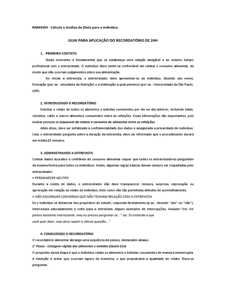 Dieta 24h - Guia para aplicação do recordatório alimentar | PDF ...