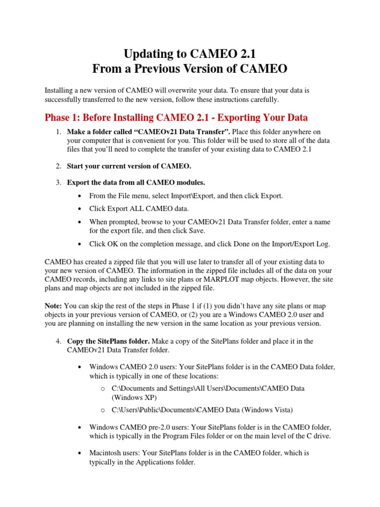 CAMEO 2.1 Upgrade Data Transfer Guide | PDF | Zip (File Format ...