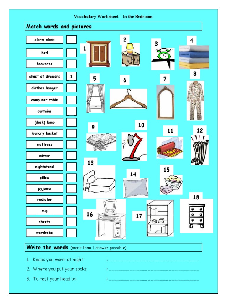 Vocabulary Matching Worksheet in The Bedroom Fun Activities Games 3699 ...