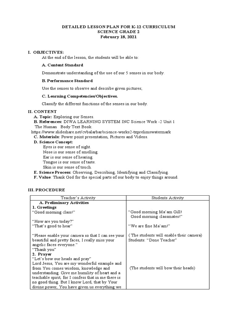 Detailed Lesson Plan For K-12 Curriculum Science Grade 2 | PDF | Senses ...