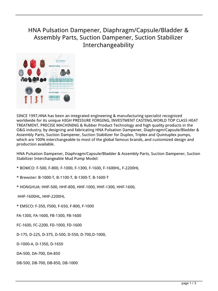 HNA Pulsation Dampener, Diaphragm/Capsule/Bladder & Assembly Parts ...
