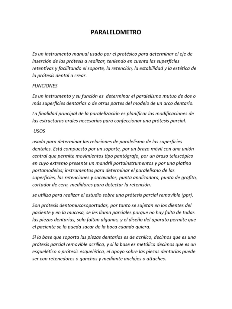 Funciones y partes del paralelómetro dental | PDF