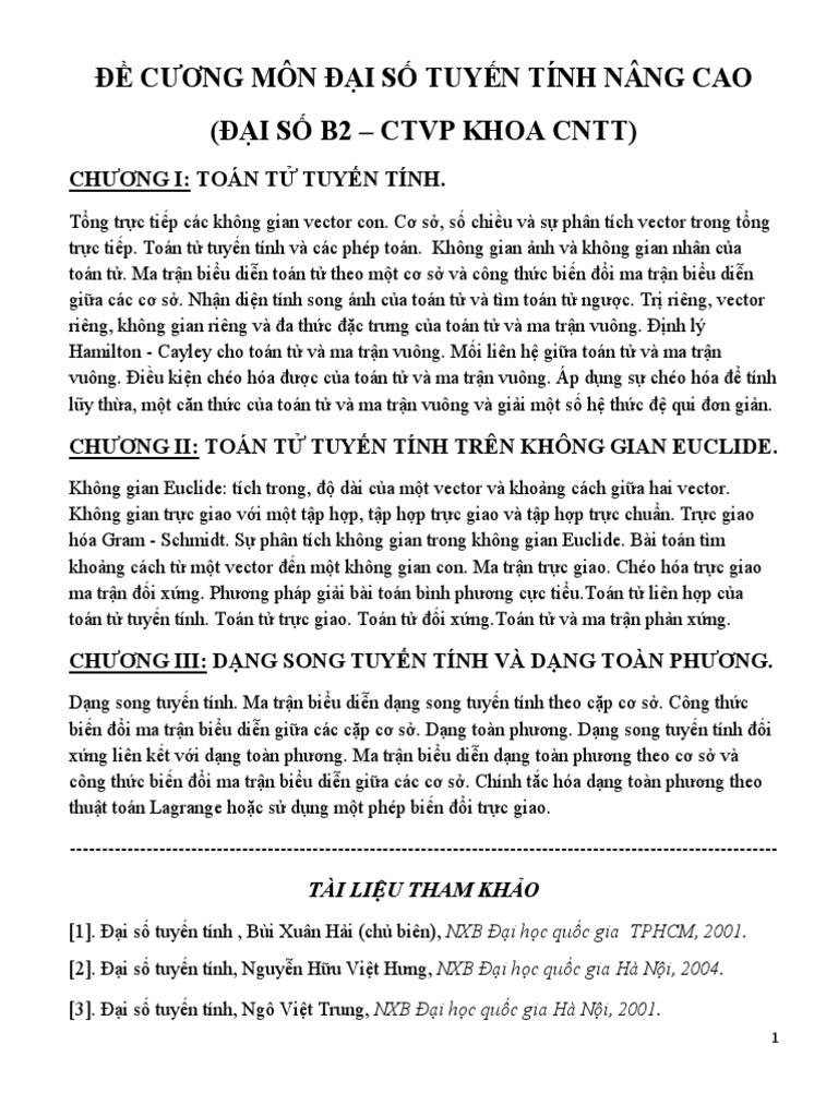 De Cuong Chi Tiet Dai So Tuyen Tinh Nang Cao Dai So B2 | PDF