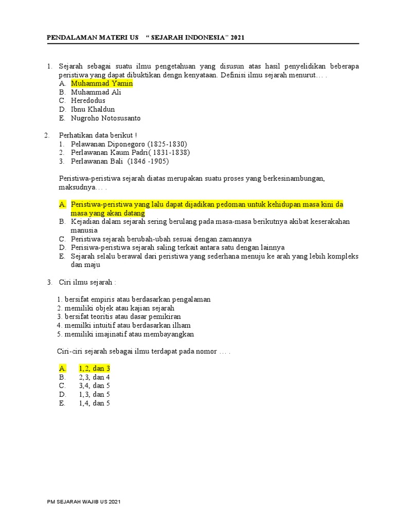 Latihan Soal (PM) Usbn 2021 Sejarah Indonesia | PDF