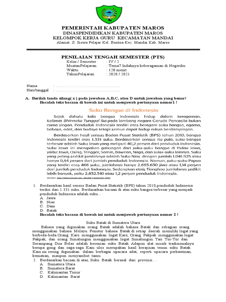 Soal Pts Tema 7 Kelas 4 Semester 2 2021 Pdf Seni Disiplin Bahasa