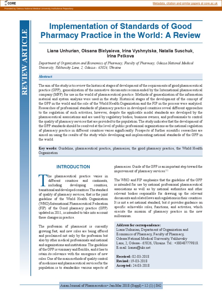 Implementation of Standards of Good Pharmacy Practice in The World - A ...