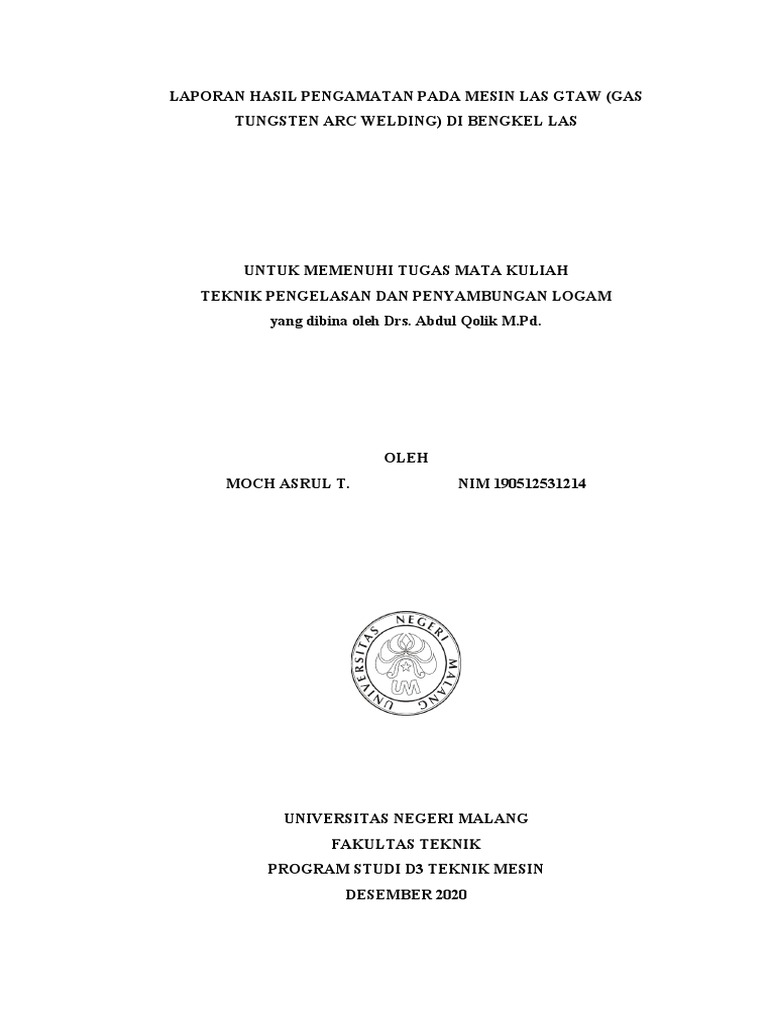 Laporan Hasil Pengamatan Pada Mesin Las Gtaw | PDF