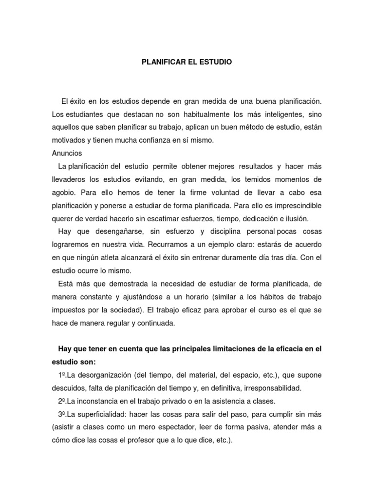 Lectura Planificar El Estudio | PDF | Memoria | Aprendizaje