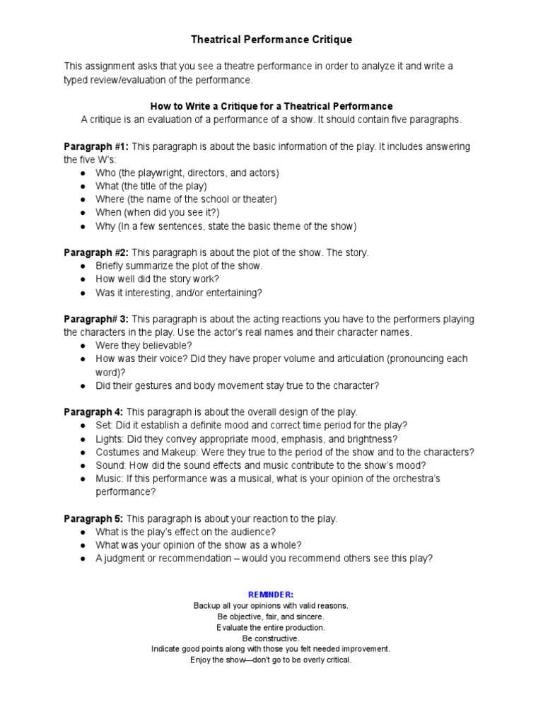 Guide To Writing A Theatrical Critique | PDF | Theatre | Entertainment ...