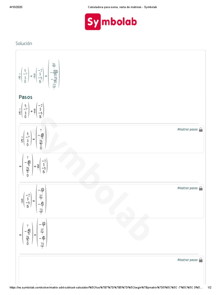 Calculadora para Suma, Resta de Matrices - Symbolab | PDF | Enseñanza ...