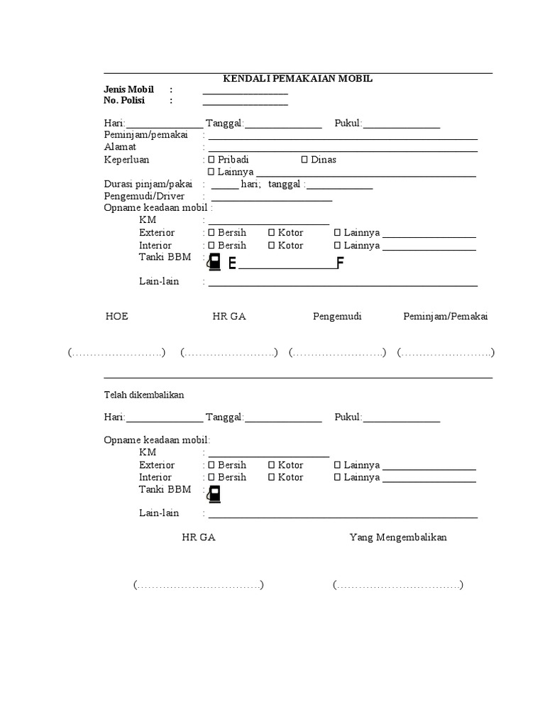 Form Peminjaman Mobil | PDF