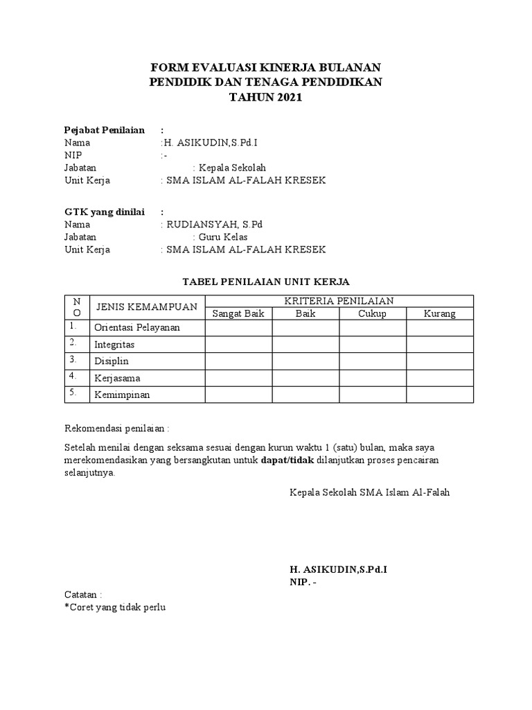 Form Evaluasi Kinerja Bulanan | PDF