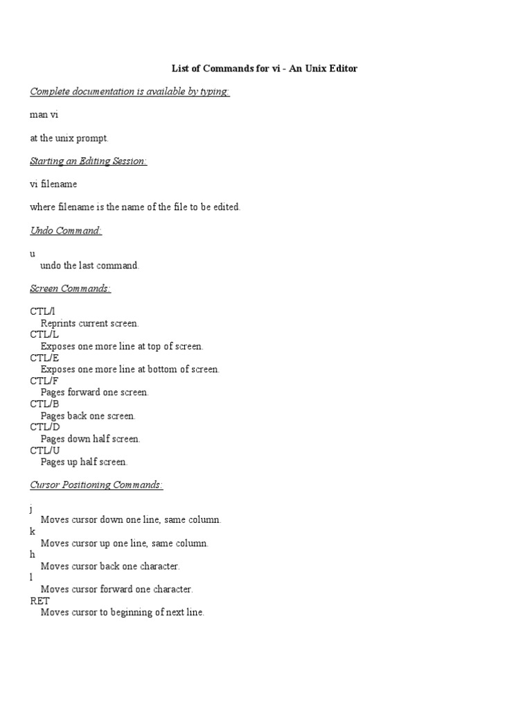 Complete Documentation Is Available By Typing List Of Commands For Vi An Unix Editor Pdf 6462