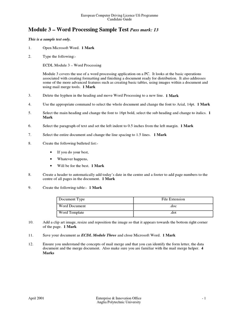 Module 3 Word Processing Sample Test Pass Mark 13 Pdf Microsoft