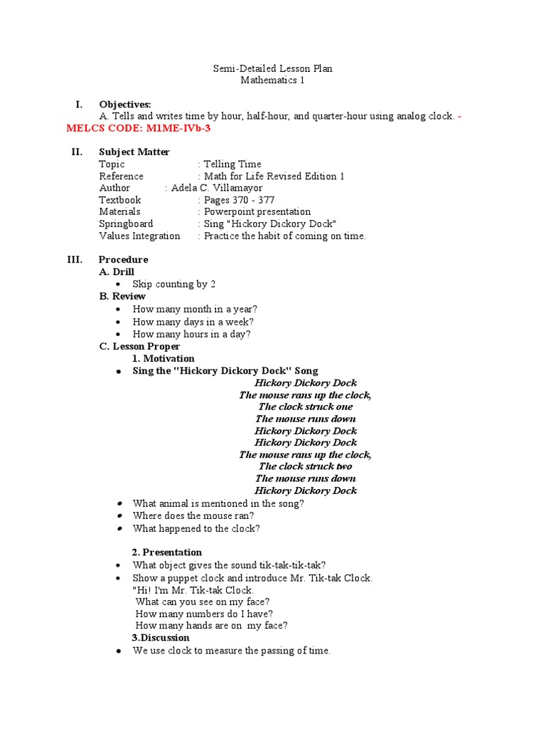 Grade 1 Lesson Plan: Telling Time | PDF | Clock | Learning