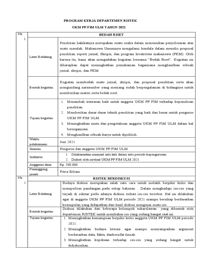 Program Kerja Departemen Ristek Final | PDF