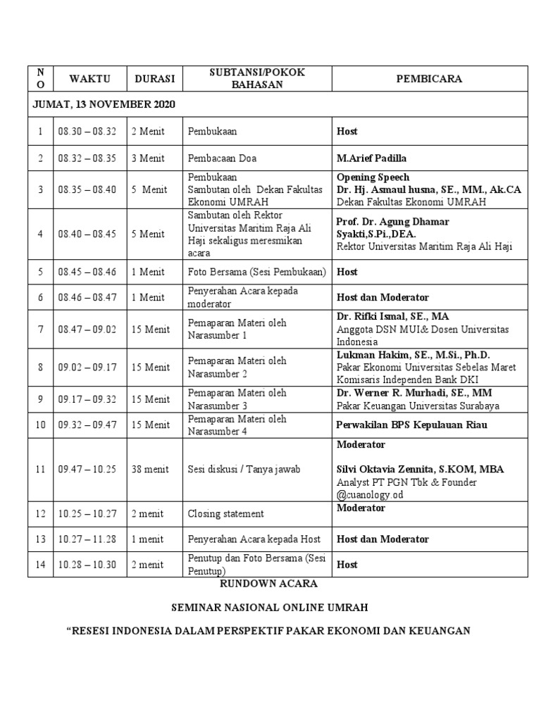 Rundown Acara Seminar Nasional Online Umrah | PDF