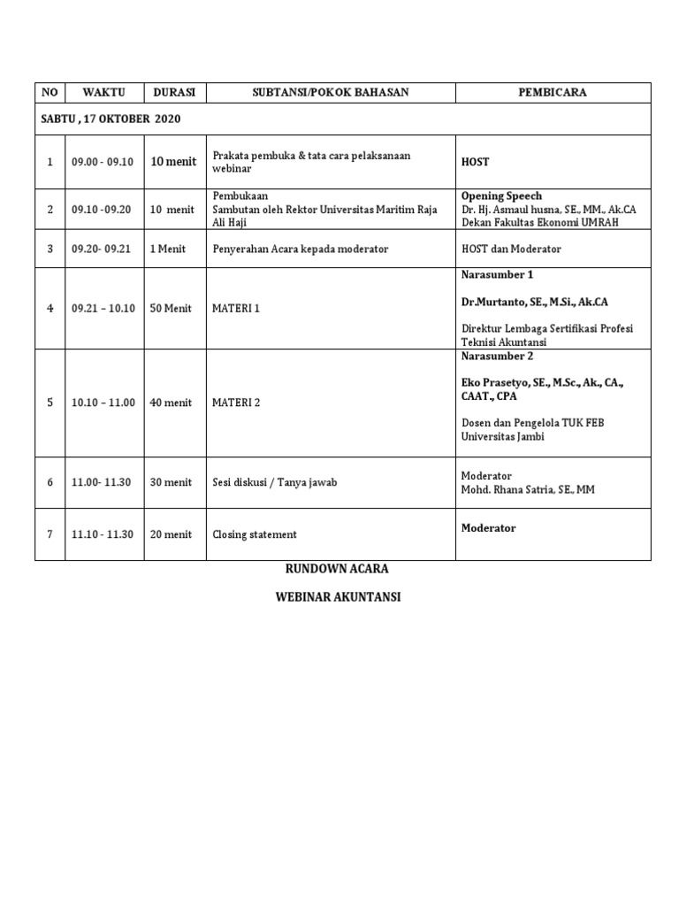 Rundown Acara Webinar Akuntansi Fe Umrah 8 | PDF