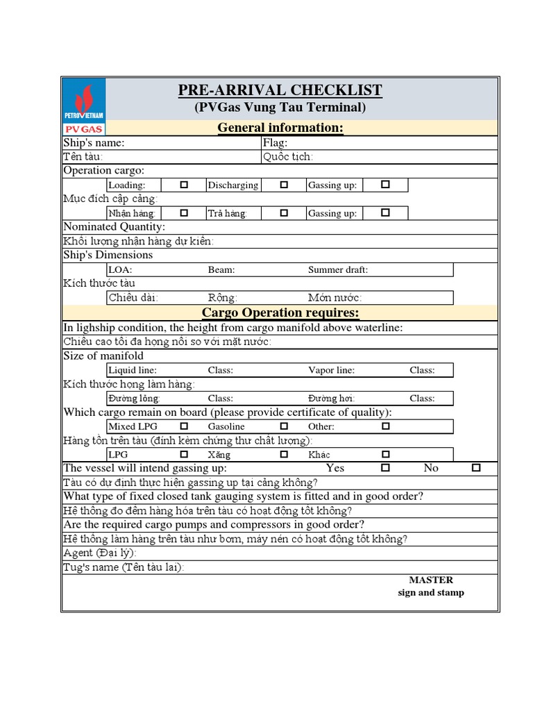 Pre Arrival Checklist - Rev 1 | PDF