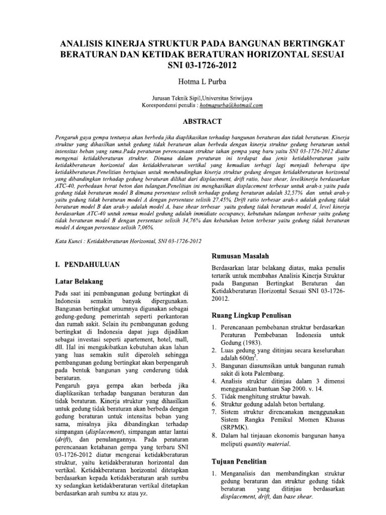 P0814. Analisis Kinerja Struktur Pada Gedung Bertingkat Beraturan Dan Ketidakberaturan Horizntal ...