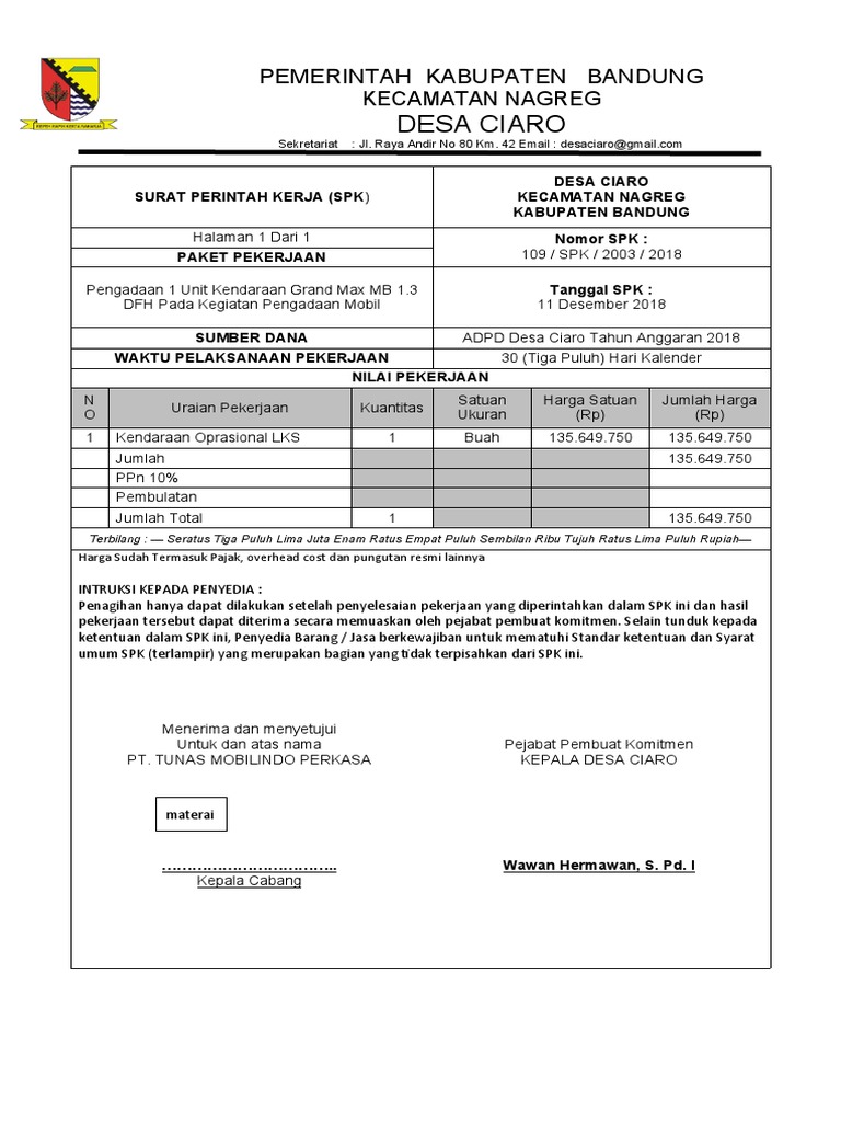 Contoh Surat Perintah Kerja SPK Mobil | PDF
