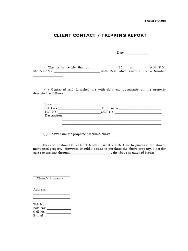 Client Tripping Contact Report | PDF | Finance & Money Management | Law