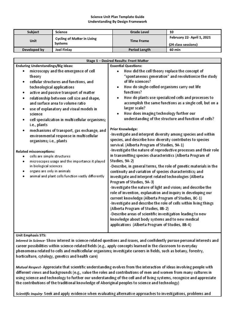 Science 10 Unit Plan | PDF | Osmosis | Cell (Biology)