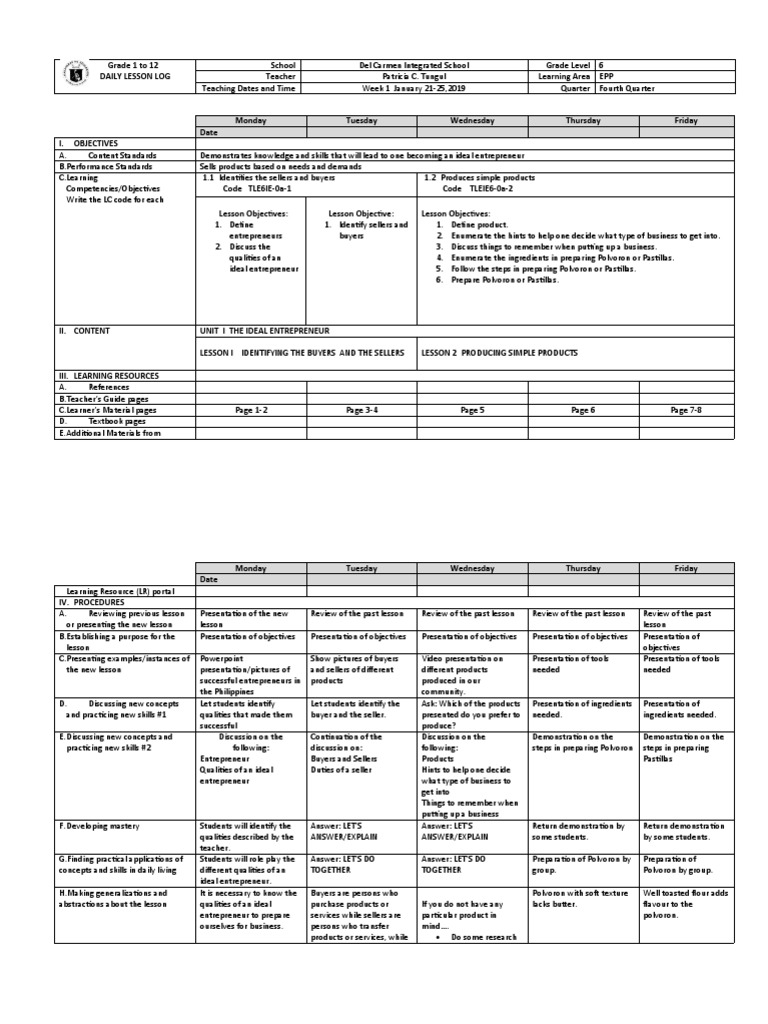 DLL Tle 6 Ict-Entrepreneurship 6 | PDF | Educational Technology ...