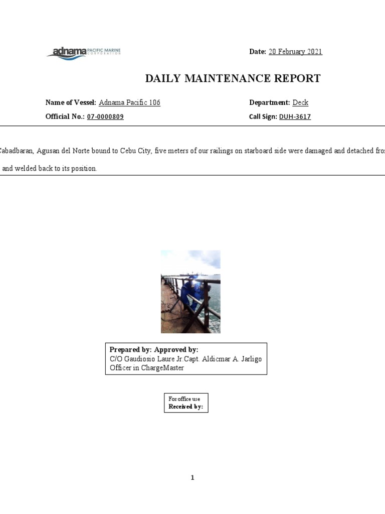 Daily Maintenance Report | PDF | Deck (Ship) | Shipping